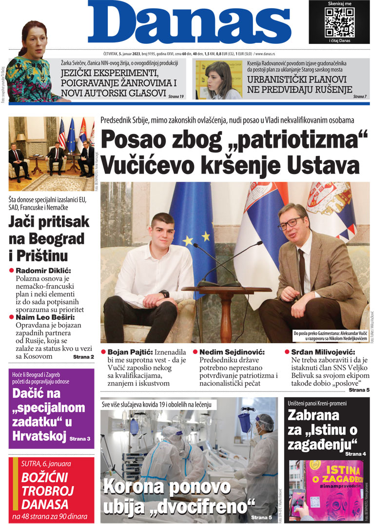 Naslovna za 5. januar 2023. - Dnevni list Danas
