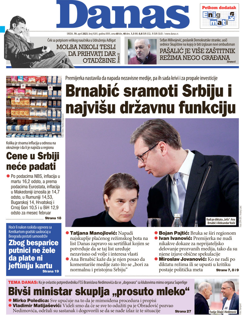 Naslovna strana za 19. april 2023. - Dnevni list Danas