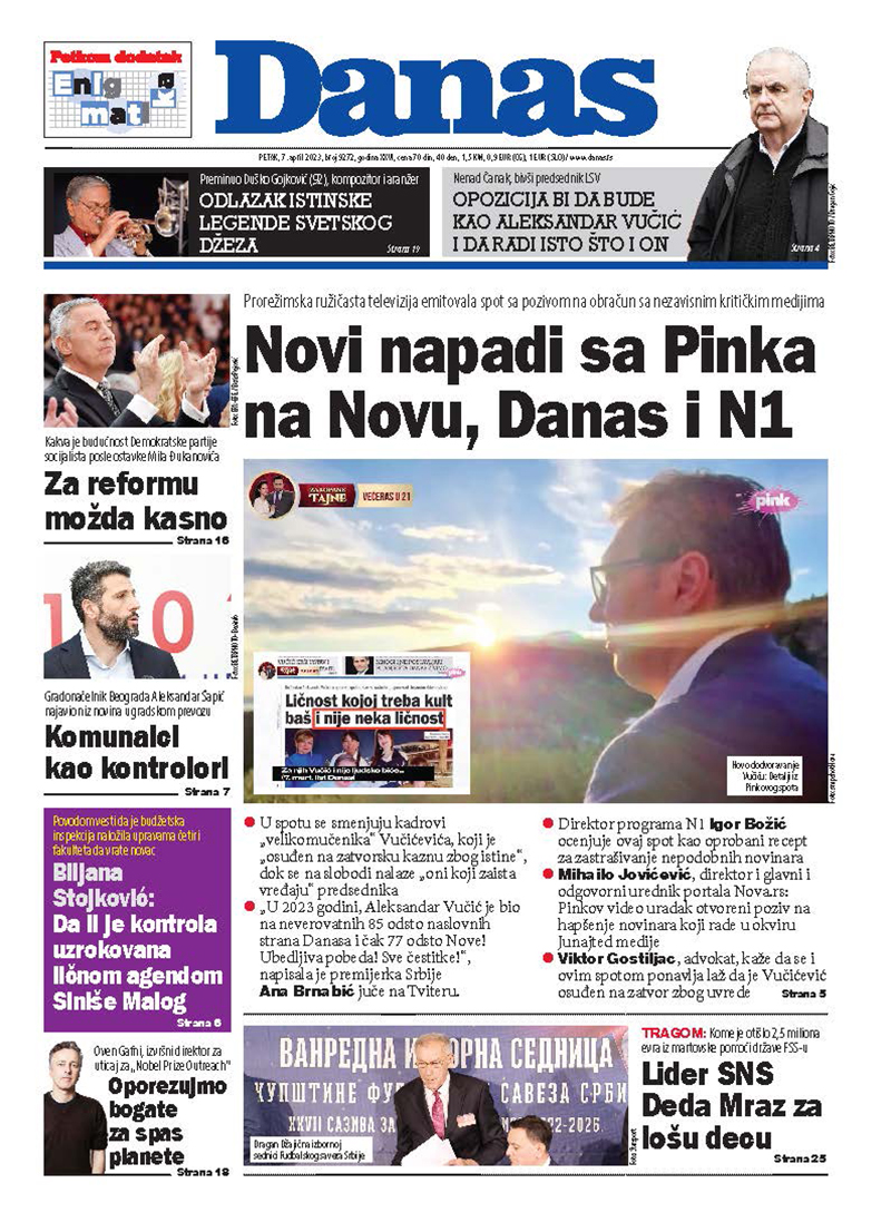 Naslovna strana za 7. april 2023. - Dnevni list Danas