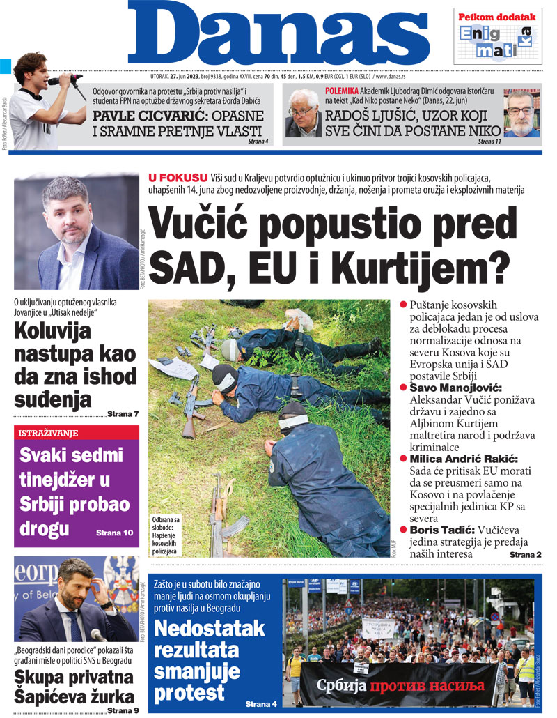 Naslovna strana za 27. jun 2023. - Dnevni list Danas