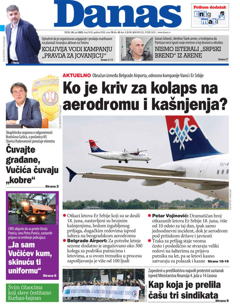 Naslovna strana za 28. jun 2023. - Dnevni list Danas