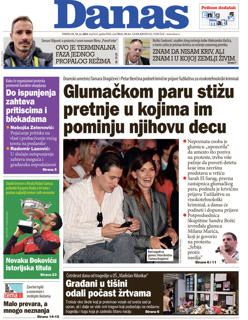 Naslovna strana za 12. jun 2023. - Dnevni list Danas