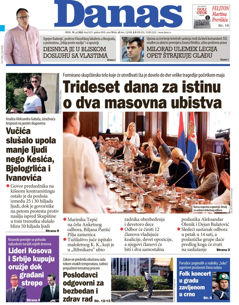 Naslovna strana za 19. jul 2023. - Dnevni list Danas