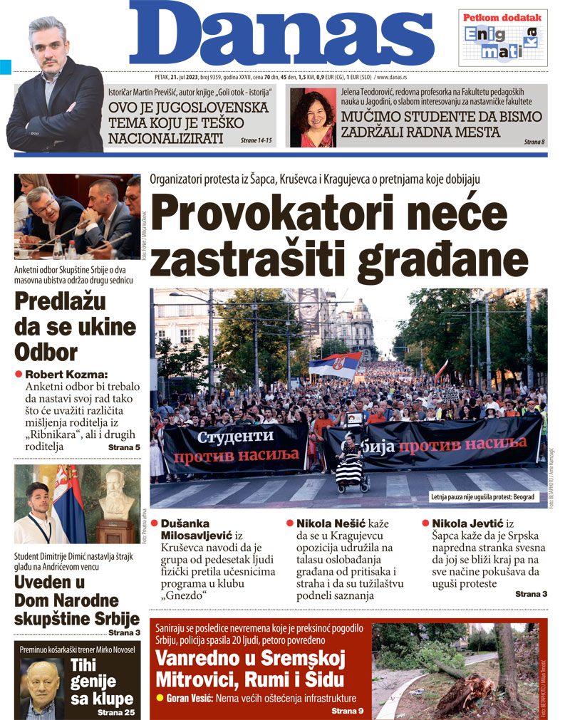 Naslovna strana za 21. jul 2023. - Dnevni list Danas