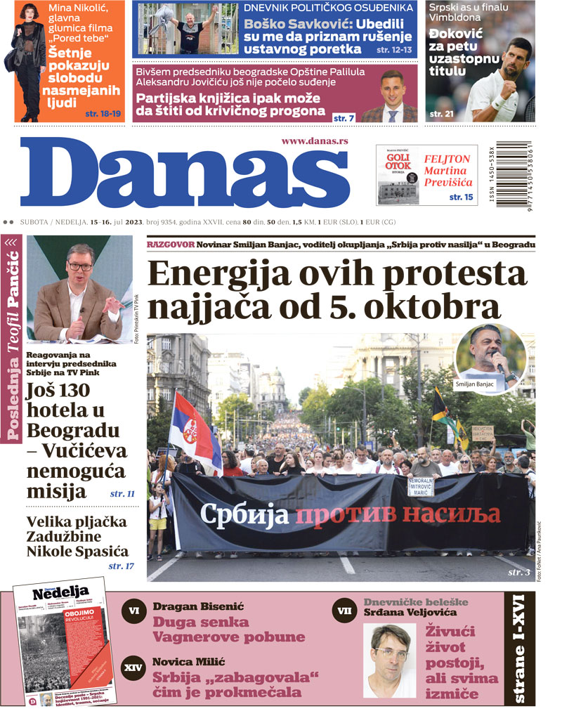 Naslovna strana za 15. i 16. jul 2023. - Dnevni list Danas
