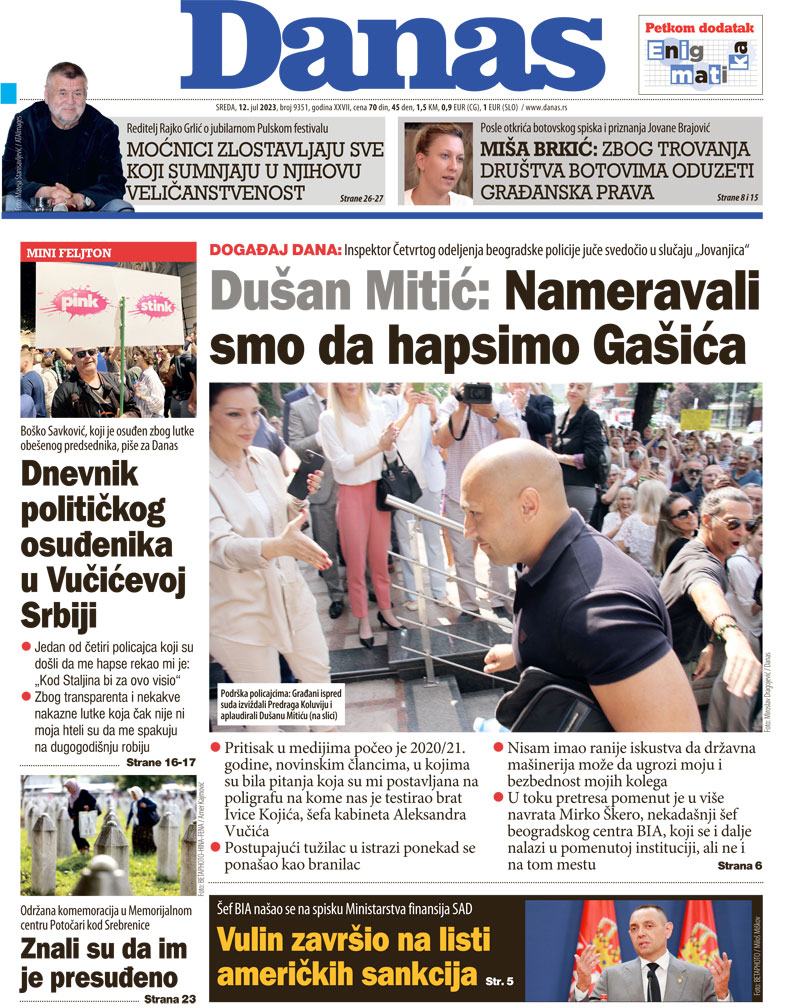 Naslovna strana za 12. jul 2023. - Dnevni list Danas