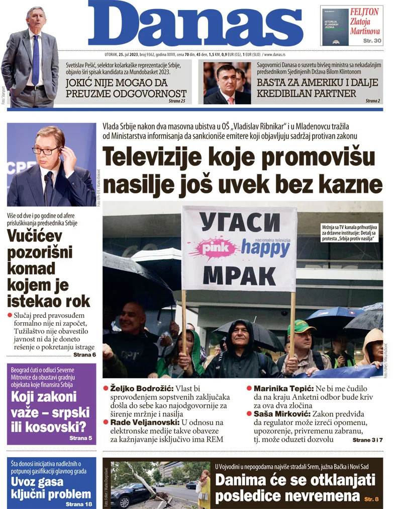 Naslovna strana za 25. jul 2023. - Dnevni list Danas