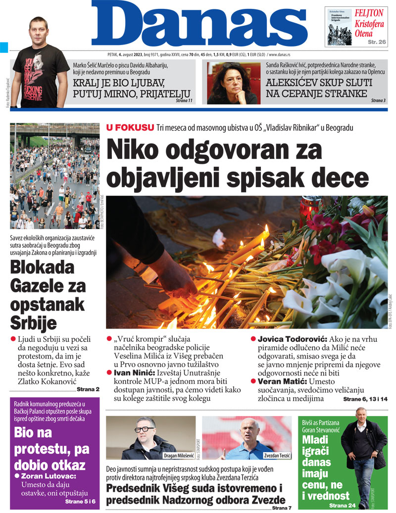 Naslovna strana za 4. avgust 2023. - Dnevni list Danas