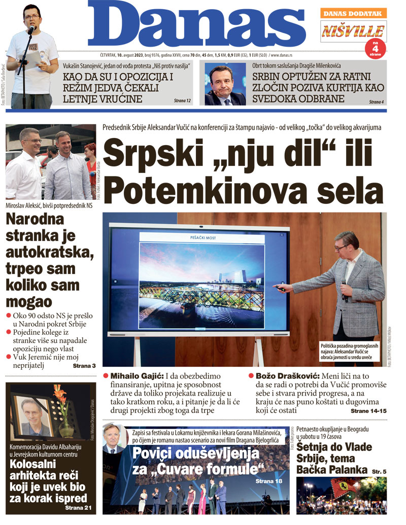 Naslovna strana za 10. avgust 2023. - Dnevni list Danas