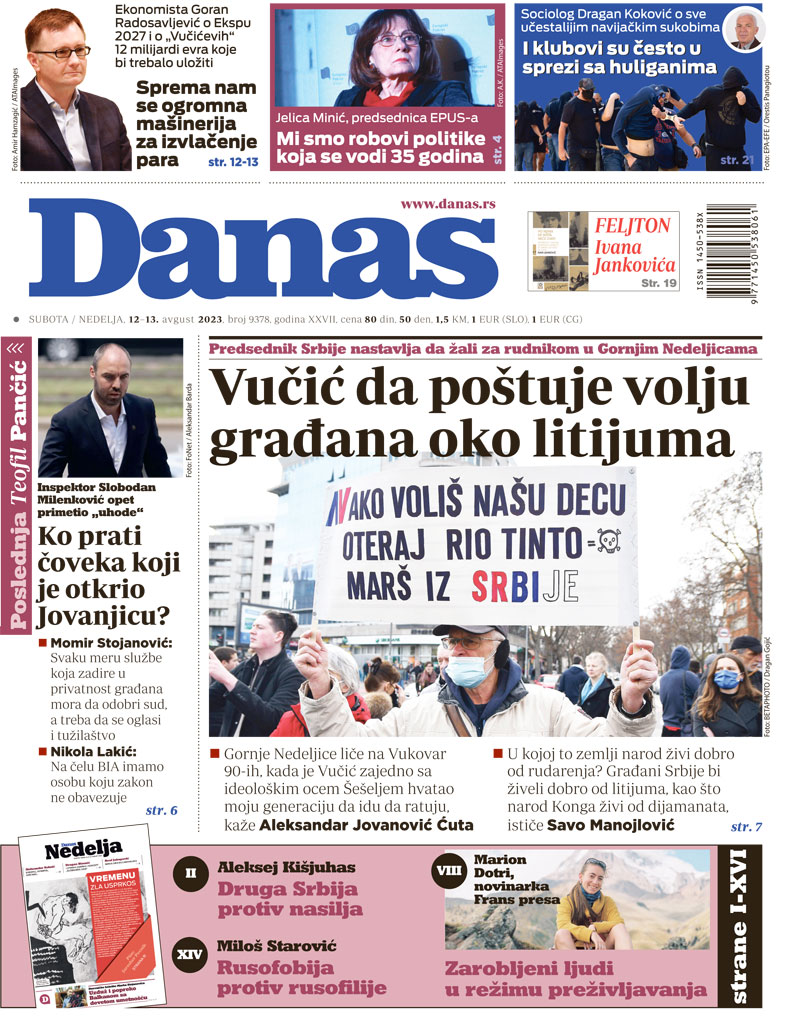 Naslovna strana za 12. i 13. avgust 2023. - Dnevni list Danas