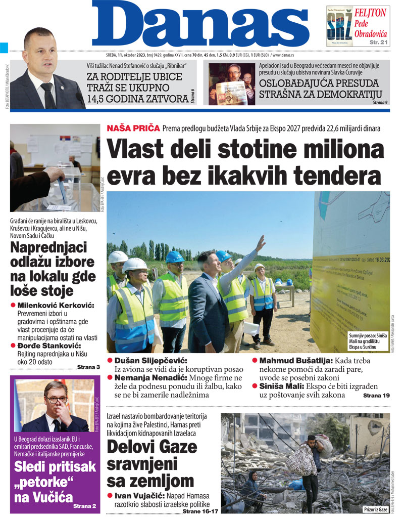 Naslovna strana za 11. oktobar 2023. - Dnevni list Danas