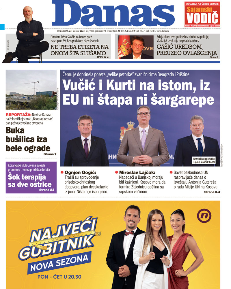 Naslovna strana za 23. oktobar 2023. - Dnevni list Danas