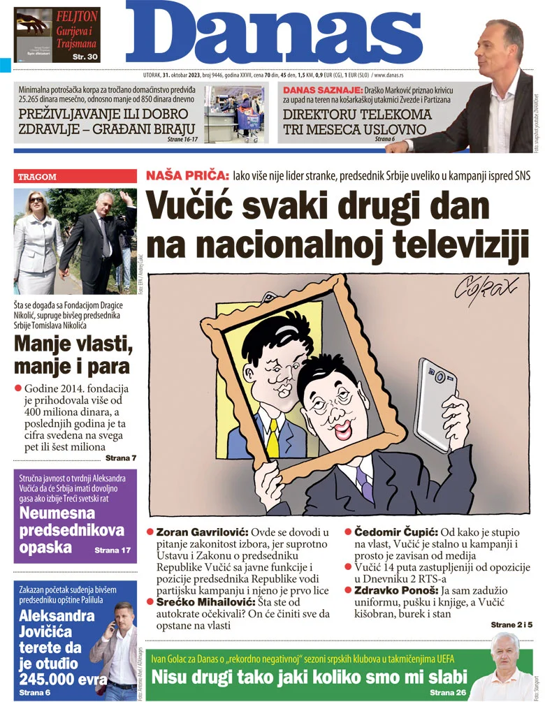 Naslovna strana za 31. oktobar 2023. - Dnevni list Danas