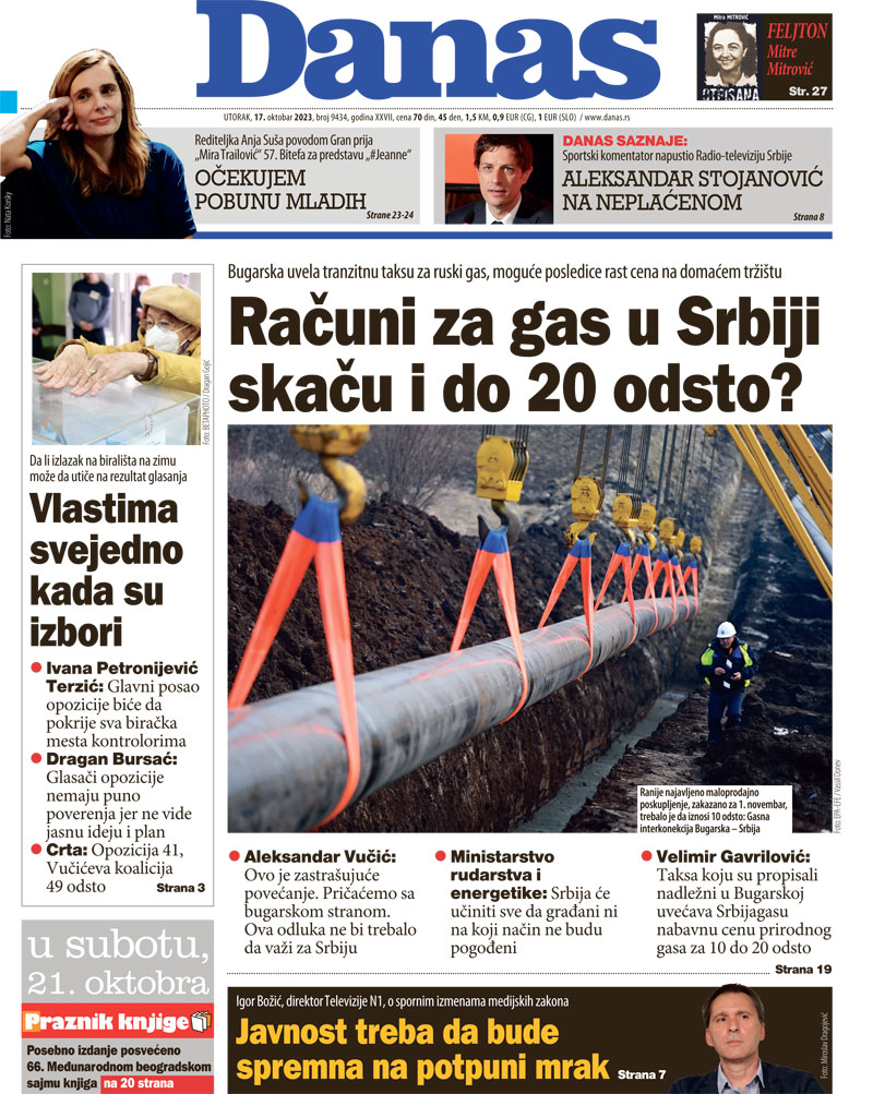 Naslovna strana za 17. oktobar 2023. - Dnevni list Danas