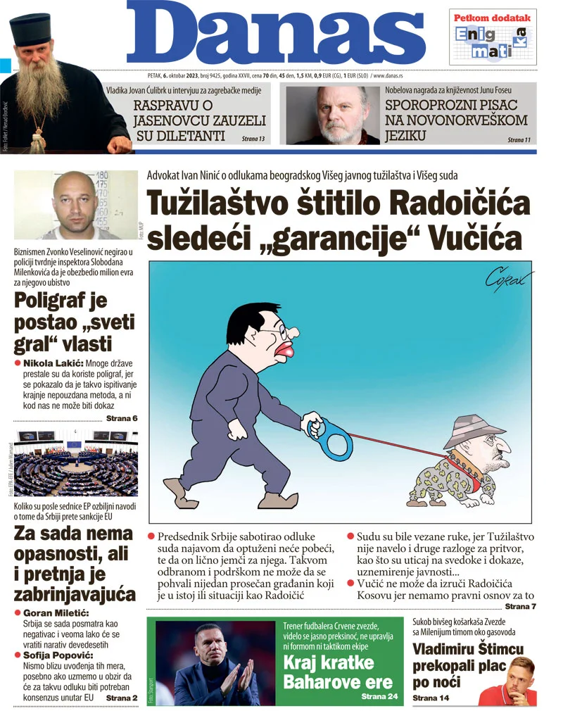 Naslovna strana za 6. oktobar 2023. - Dnevni list Danas