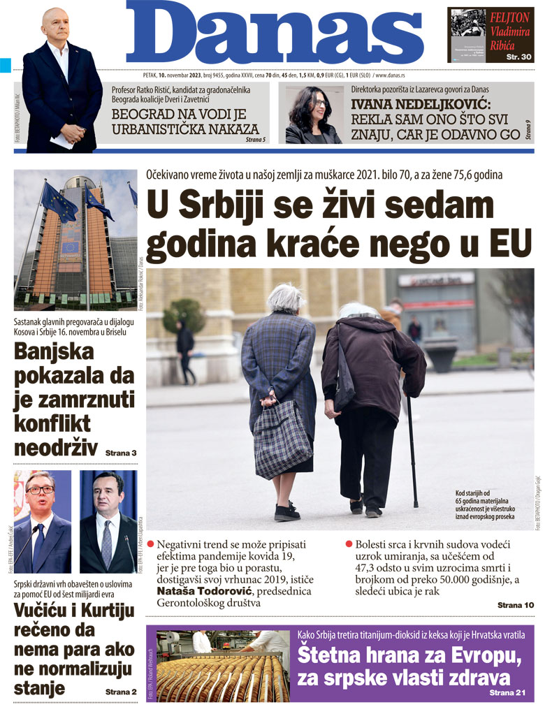 Naslovna strana za 10. novembar 2023. - Dnevni list Danas
