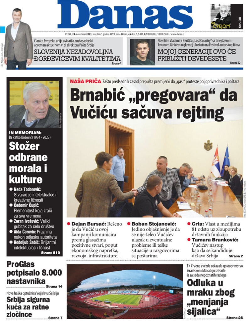 Naslovna strana za 24. novembar 2023. - Dnevni list Danas