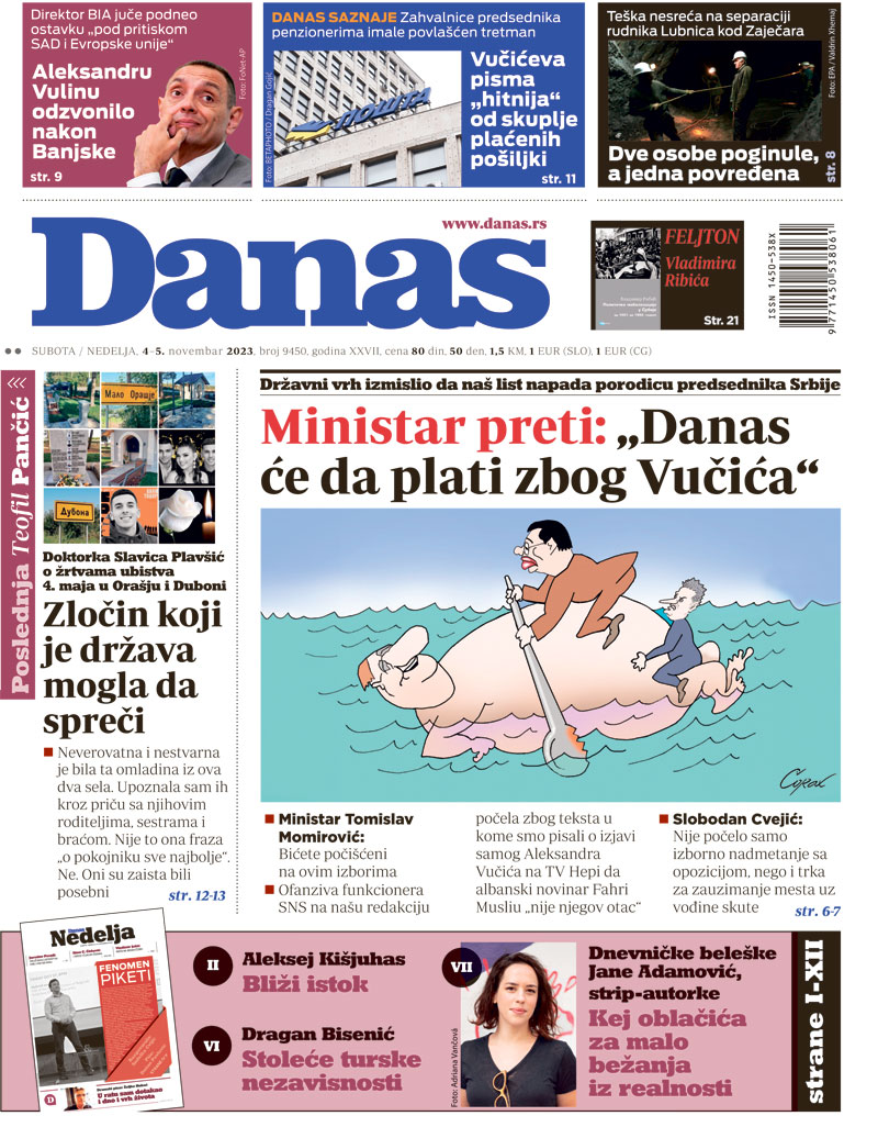 Naslovna strana za 4. novembar 2023. - Dnevni list Danas
