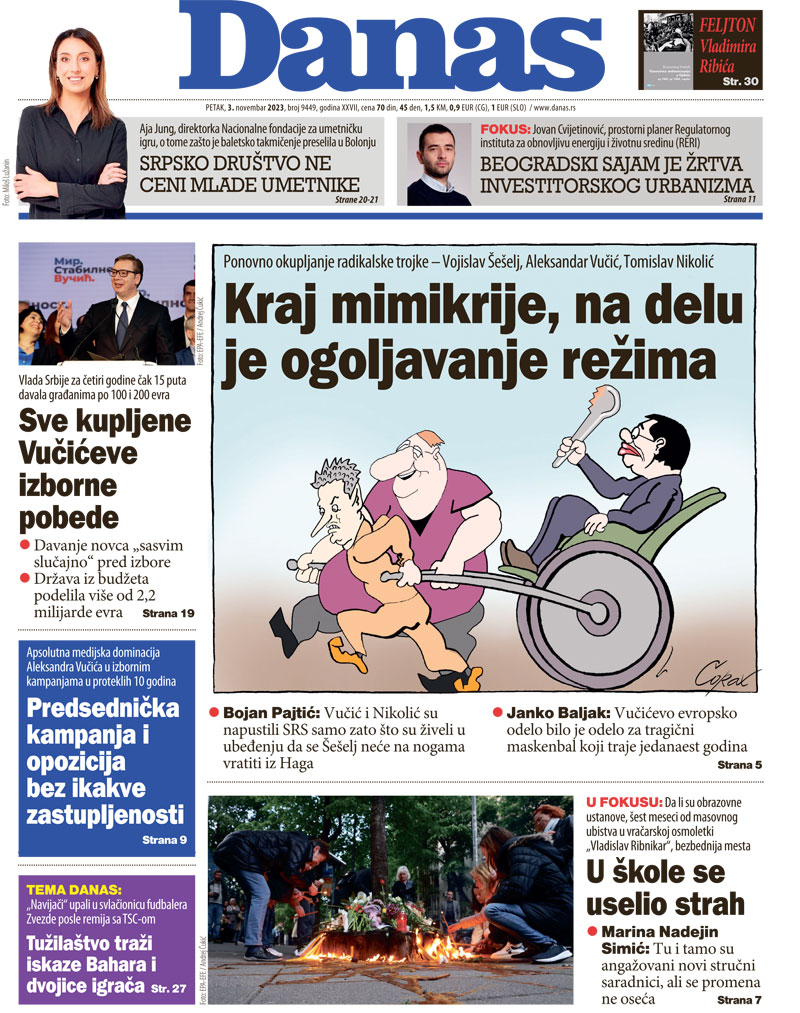 Naslovna strana za 3. novembar 2023. - Dnevni list Danas