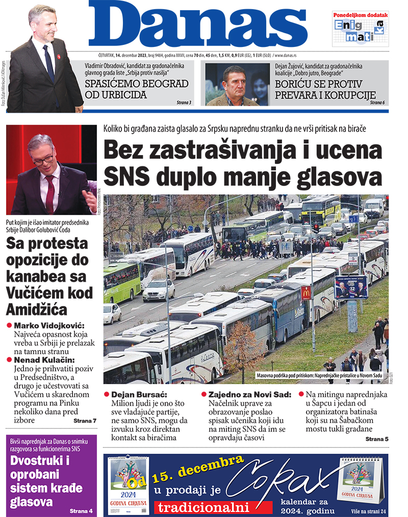 Naslovna strana za 14. decembar 2023. - Dnevni list Danas