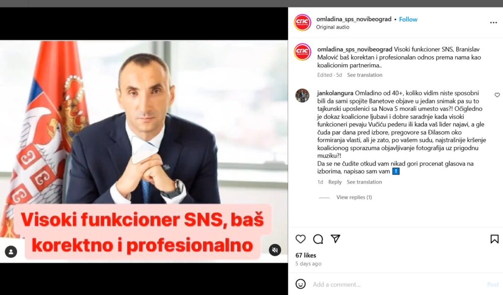 Zašto je SPS na Instagramu napao visokog funkcionera SNS Branislava ...