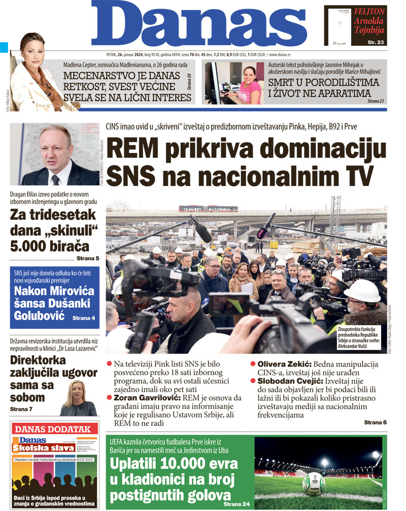 Naslovna strana za 26. januar 2024. - Dnevni list Danas
