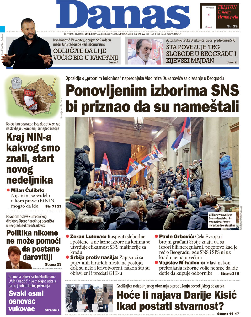 Naslovna strana za 11. januar 2024. - Dnevni list Danas