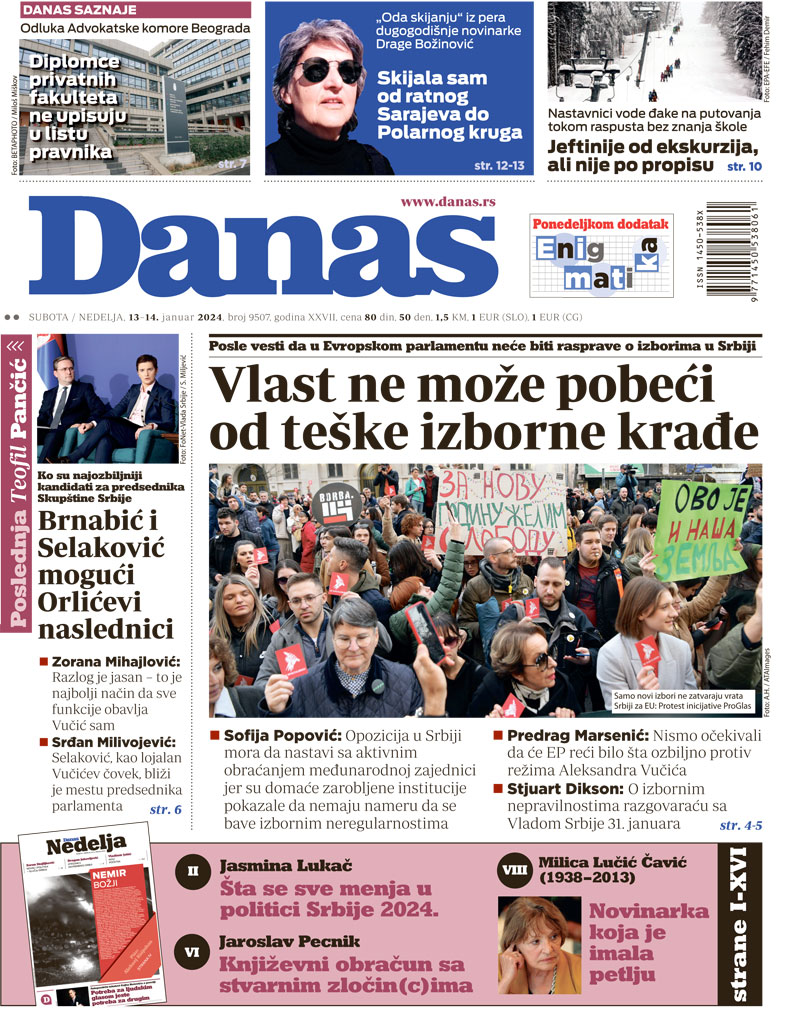 Naslovna strana za 13. januar 2024. - Dnevni list Danas