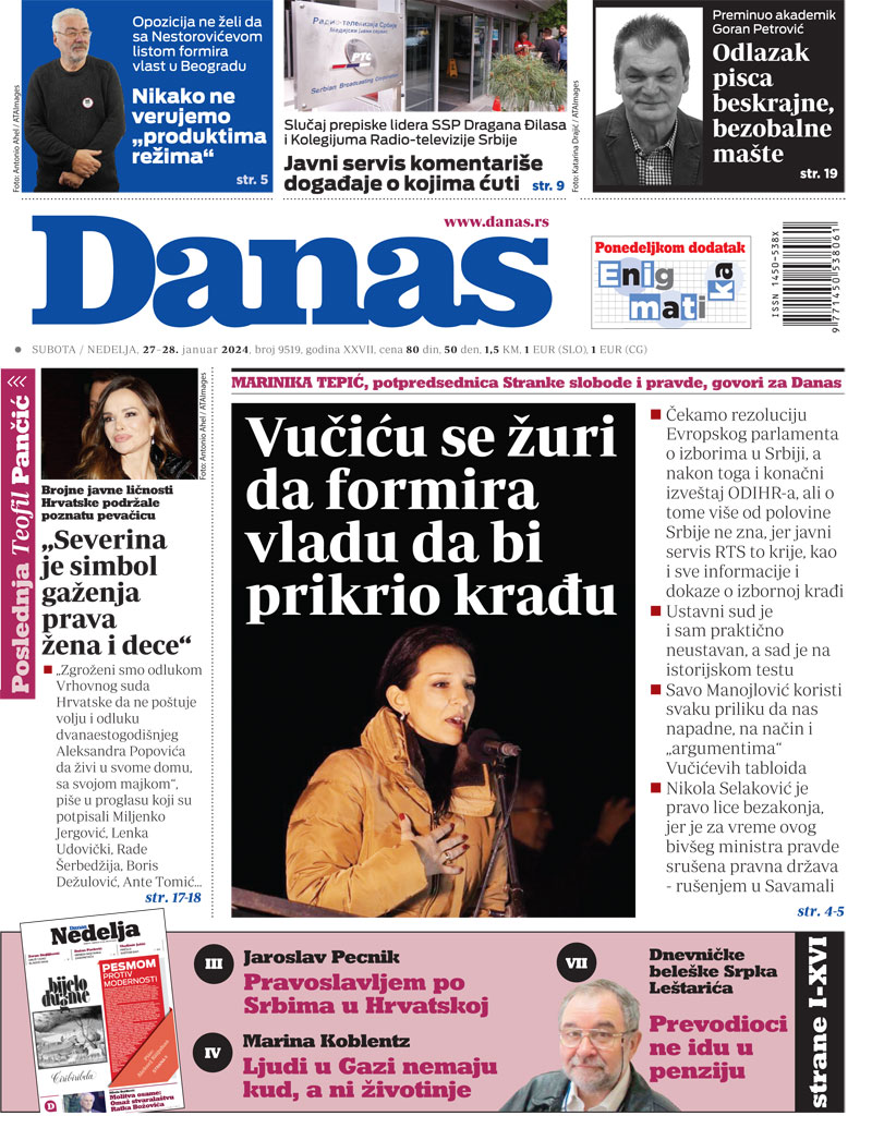 Naslovna strana za 27. januar 2024. - Dnevni list Danas