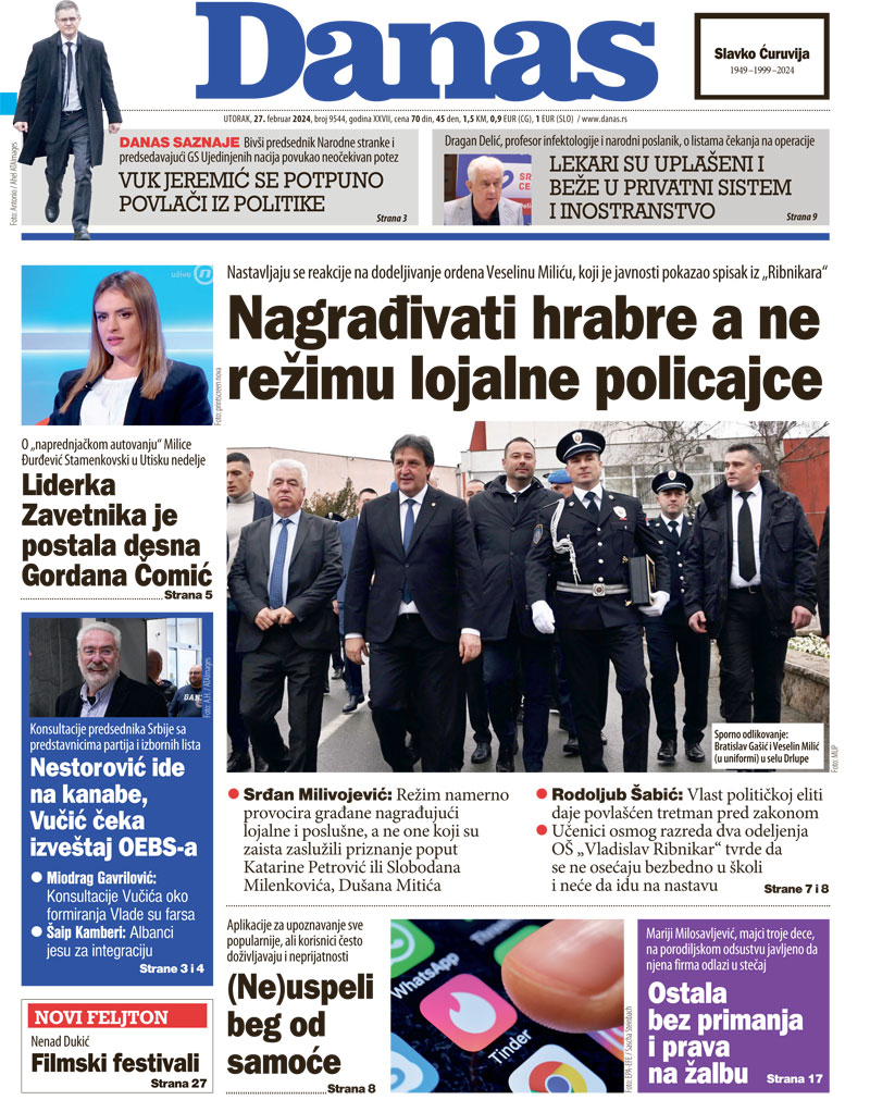Naslovna strana za 27. februar 2024. - Dnevni list Danas