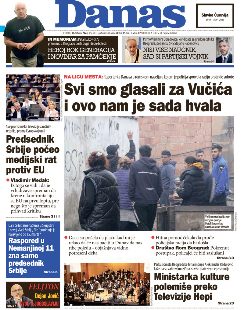 Naslovna strana za 13. februar 2024. - Dnevni list Danas