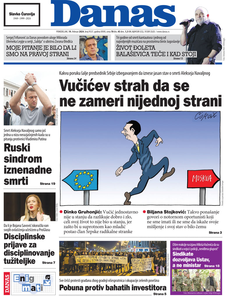 Naslovna strana za 19. februar 2024. - Dnevni list Danas
