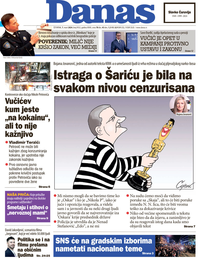 Naslovna strana za 7. mart 2024. - Dnevni list Danas
