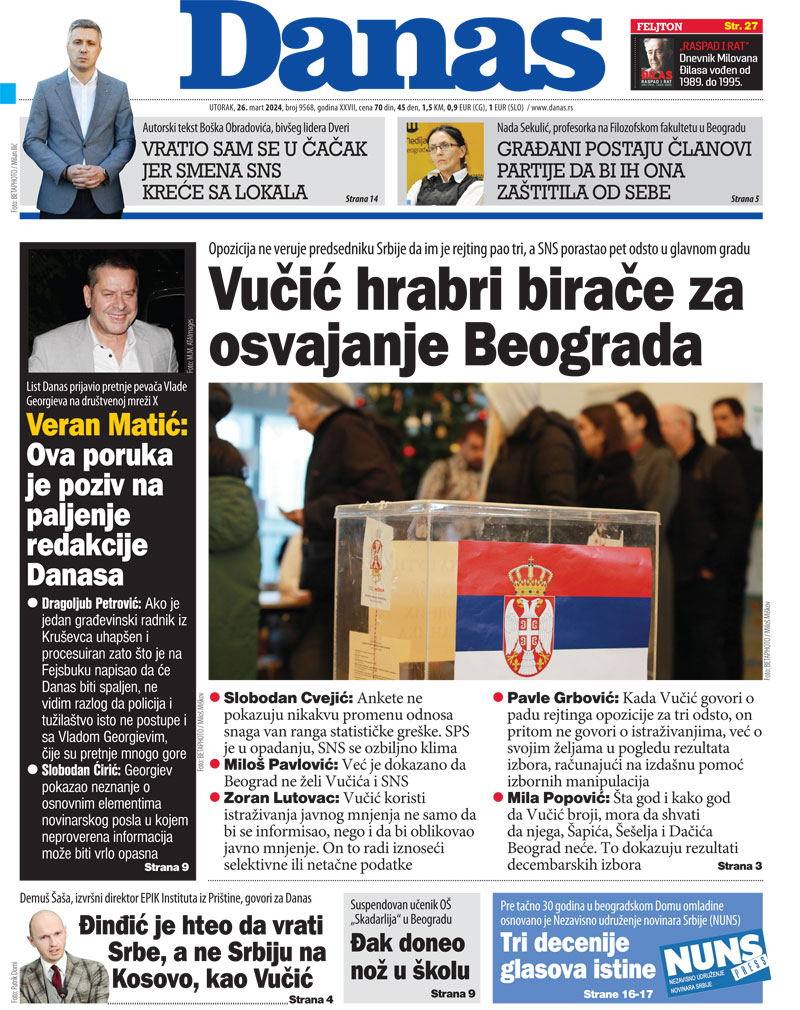 Naslovna strana za 26. mart 2024. - Dnevni list Danas