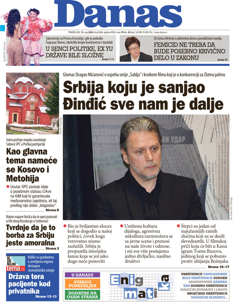 Naslovna strana za 13. maj 2024. - Dnevni list Danas