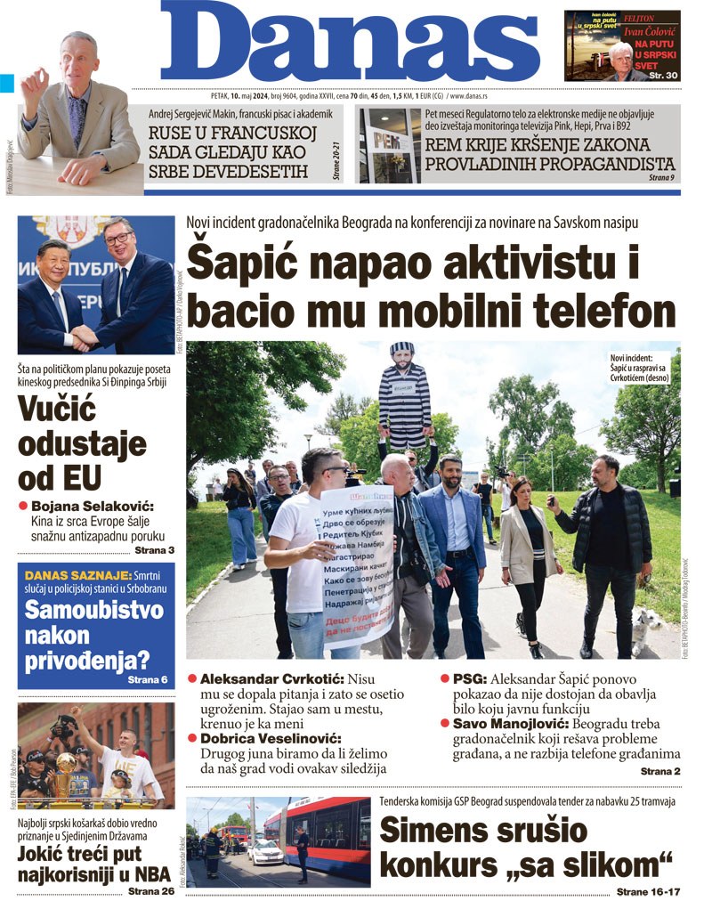 Naslovna strana za 10. maj 2024. - Dnevni list Danas