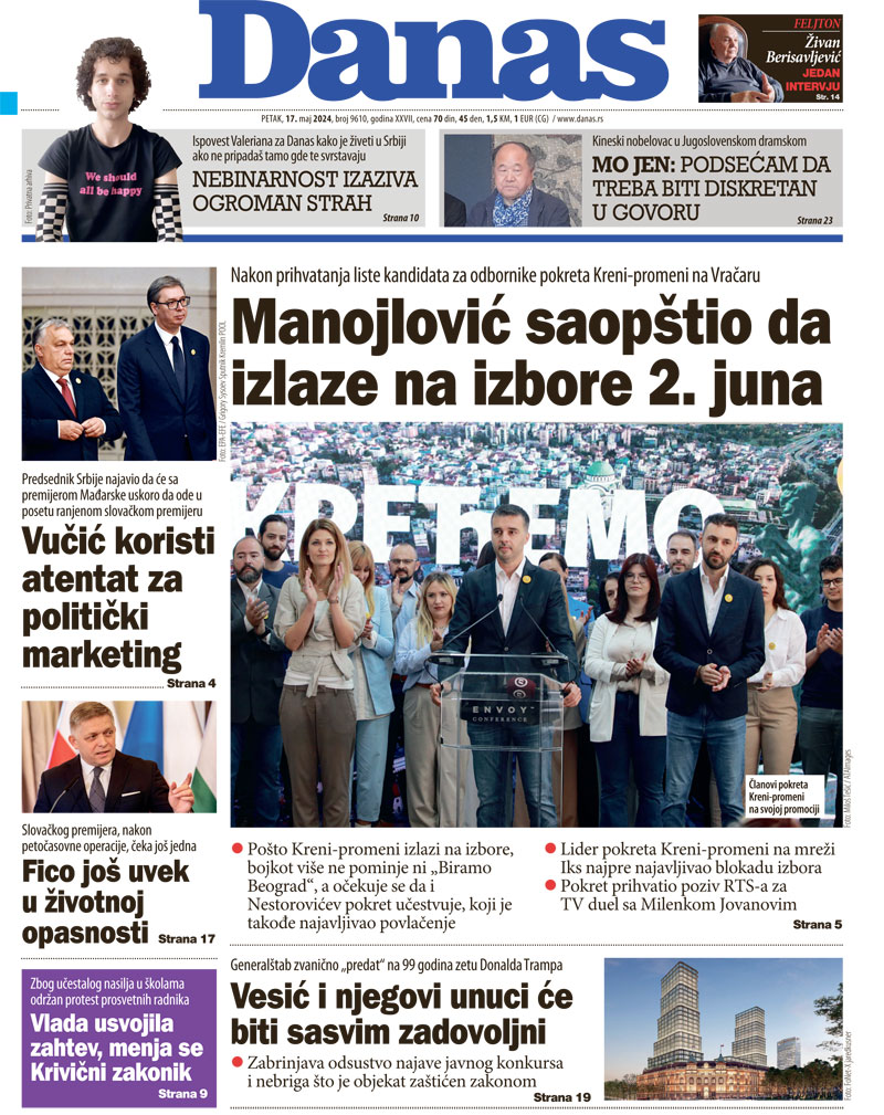 Naslovna strana za 17. maj 2024. - Dnevni list Danas