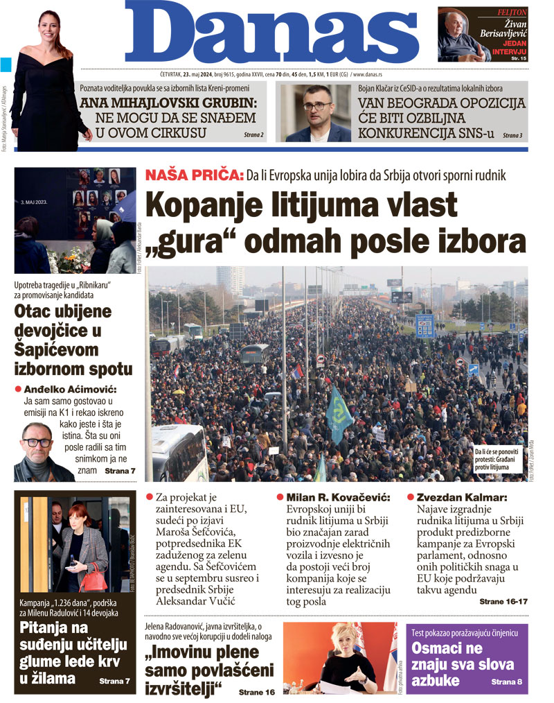 Naslovna strana za 23. maj 2024. - Dnevni list Danas