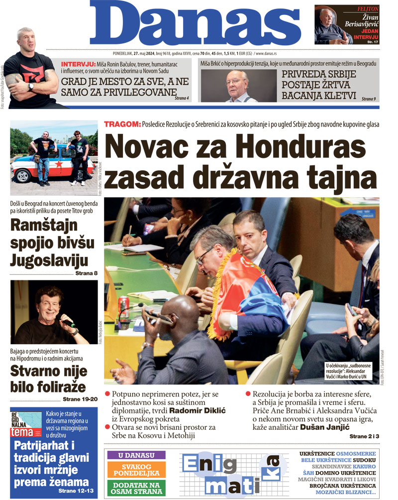 Naslovna strana za 27. maj 2024. - Dnevni list Danas