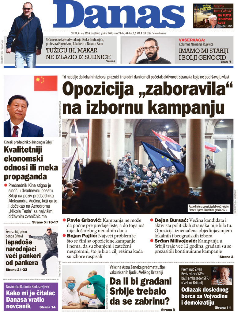 Naslovna strana za 8. maj 2024. - Dnevni list Danas
