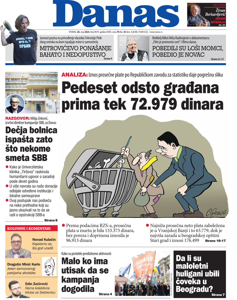 Naslovna strana za 28. maj 2024. - Dnevni list Danas