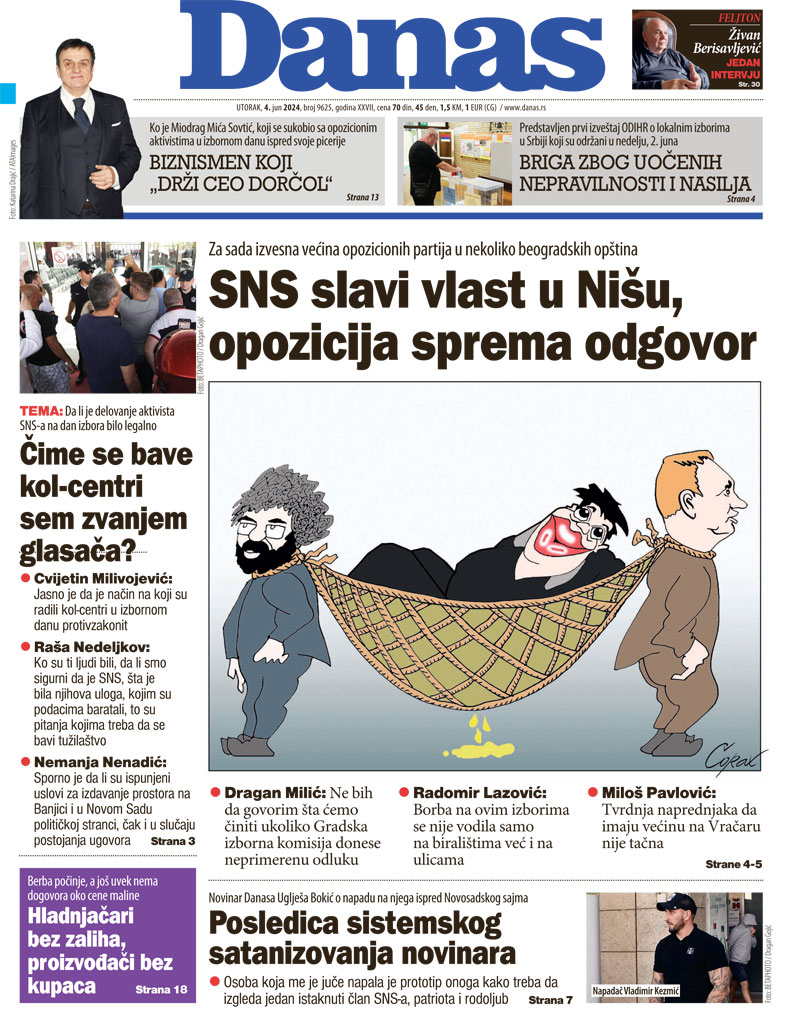 Naslovna strana za 4. jun 2024. - Dnevni list Danas