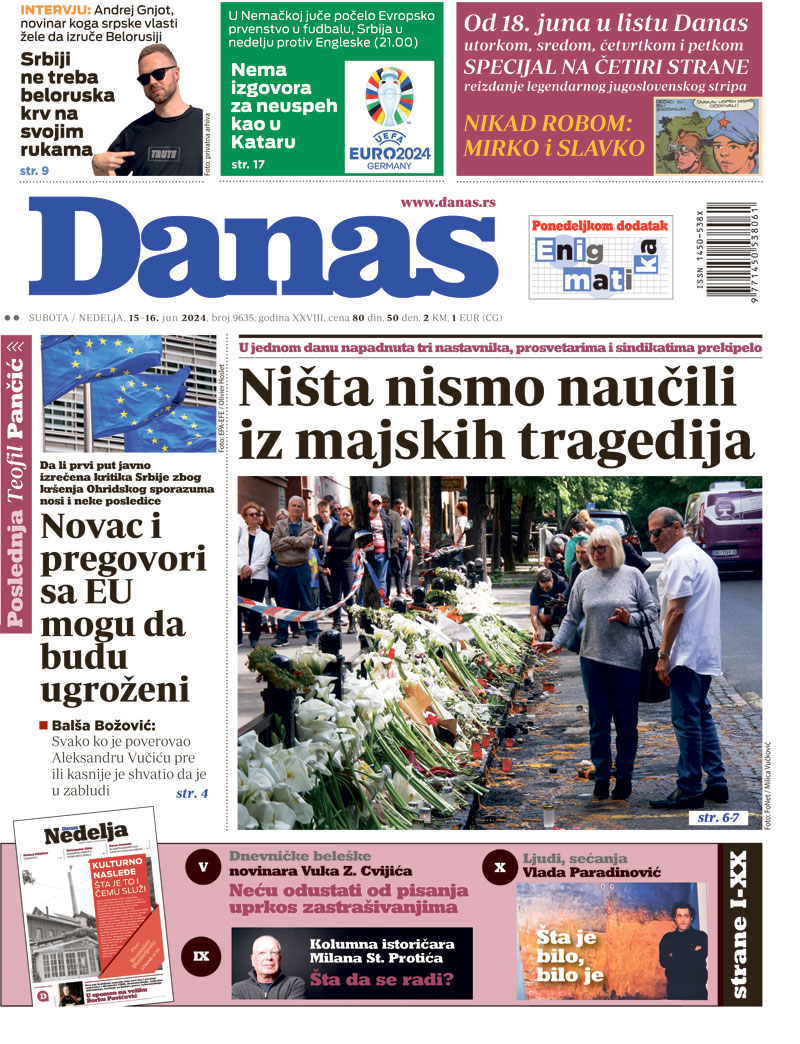Naslovna strana za 15. i 16. jun 2024. - Dnevni list Danas