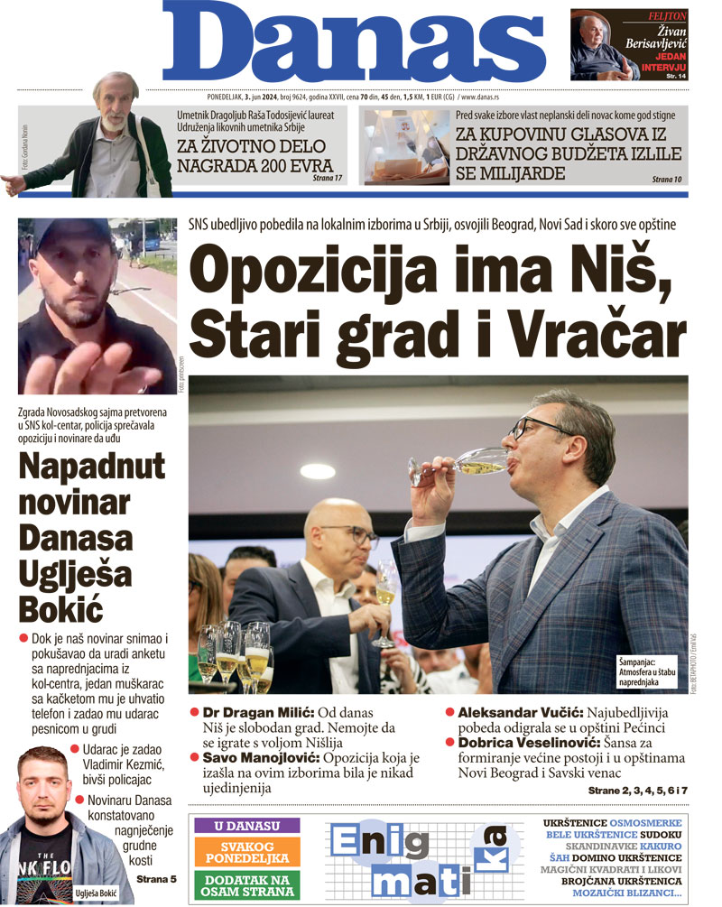 Naslovna strana za 3. jun 2024. - Dnevni list Danas
