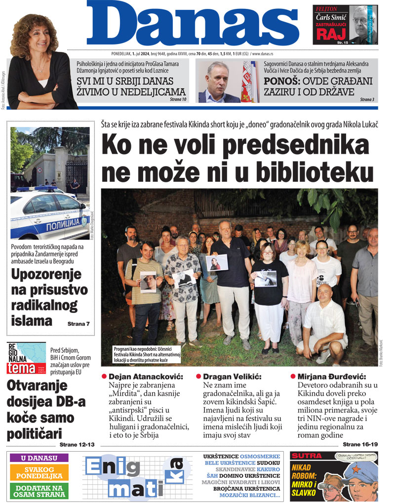 Naslovna strana za 1. jul 2024. - Dnevni list Danas