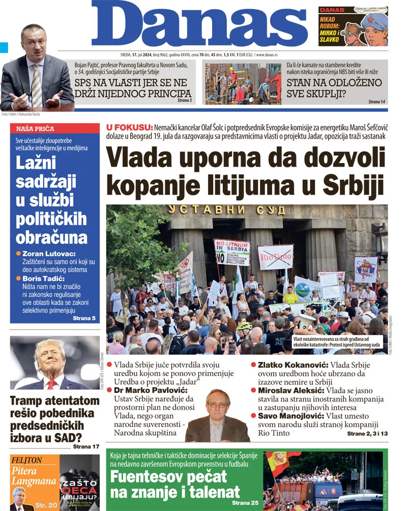 Naslovna strana za 17. jul 2024. - Dnevni list Danas