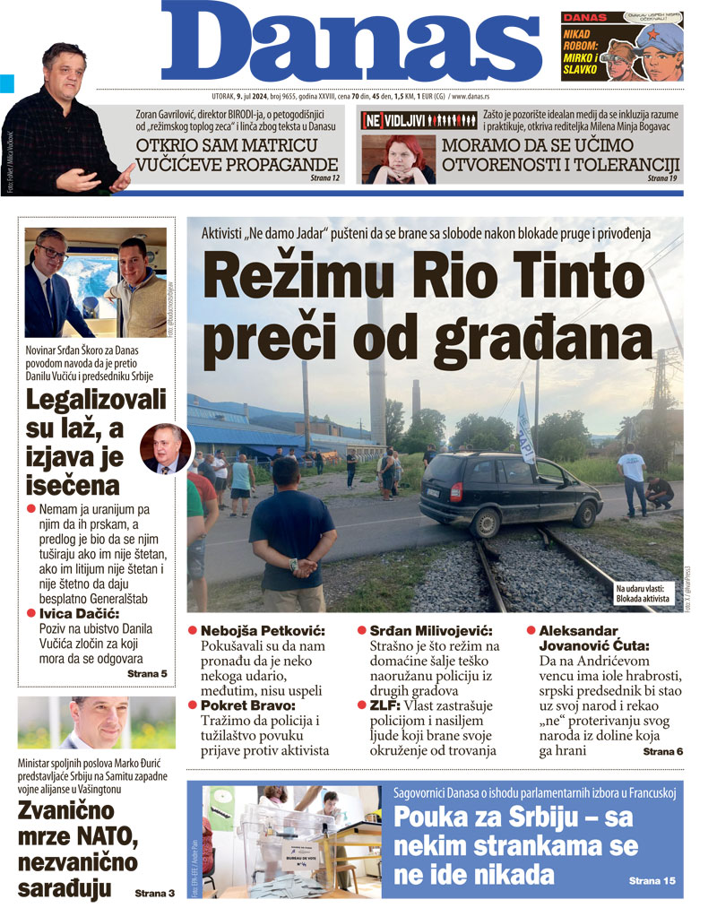 Naslovna strana za 9. jul 2024. - Dnevni list Danas