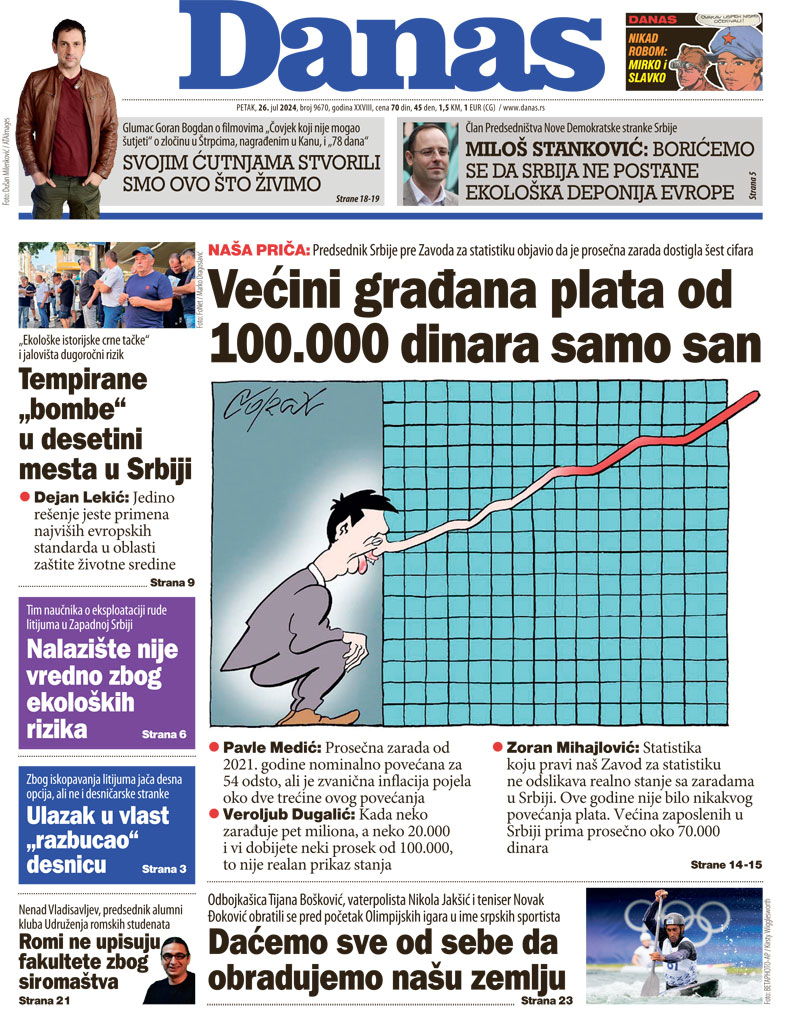 Naslovna strana za 26. jul 2024. - Dnevni list Danas