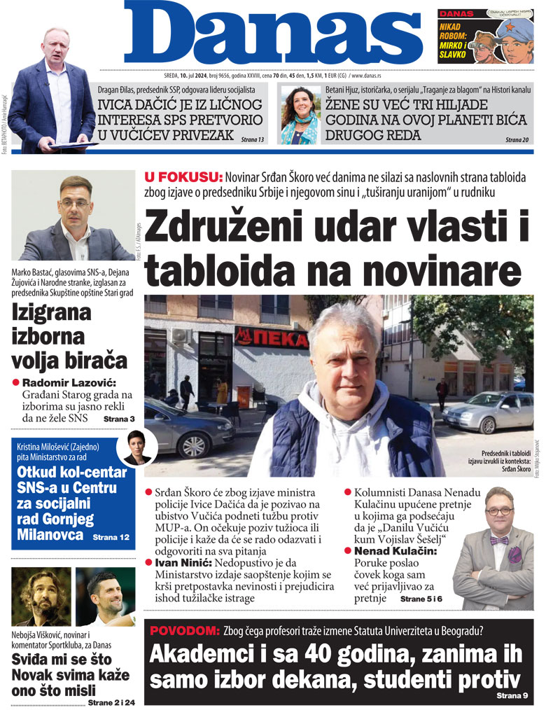 Naslovna strana za 10. jul 2024. - Dnevni list Danas
