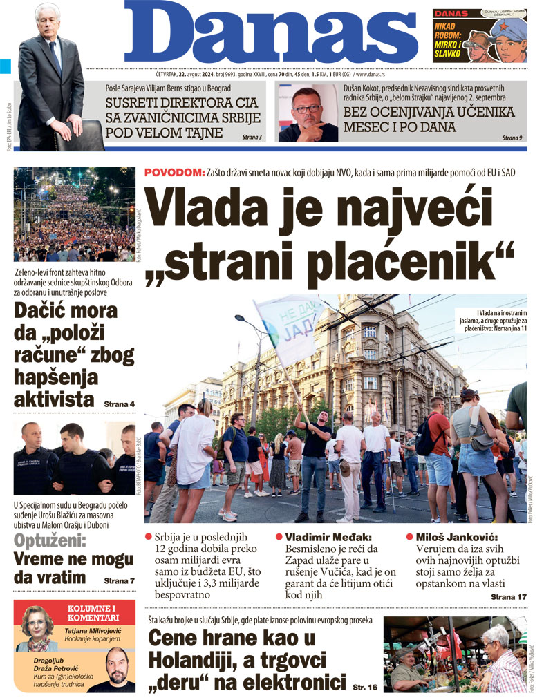 Naslovna strana za 22. avgust 2024. - Dnevni list Danas